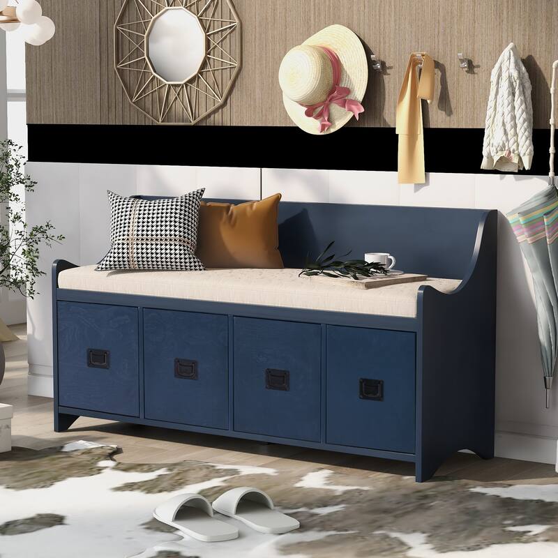 Storage Bench with Backrest Drawers Removable Cushion Shoe Bench, Blue ...