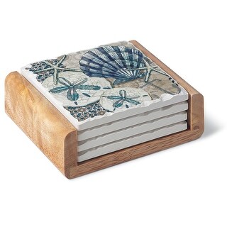 Square Absorbent Coasters - Set of 4 With Holder - Tide Pool Shells - 4 ...