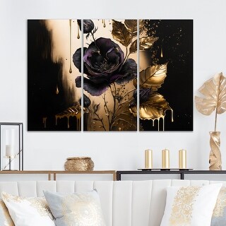 Designart "Black And Gold Violets I" Floral Violet Canvas Art Print - 3 ...
