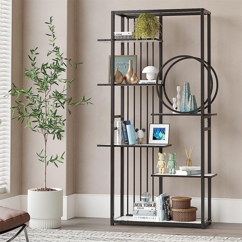 6 Tier White Bookshelf with Black Metal Frame Open Design for Home Office Storage and Decor Bed Bath Beyond 38138642