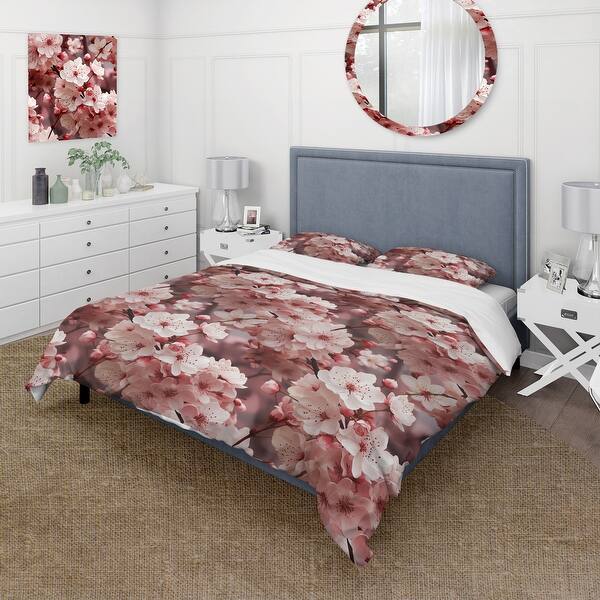 Designart "Cherry Blossom Delight II" Blue Floral Bed Cover Set With 2 ...