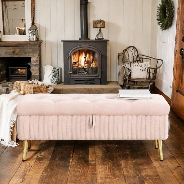 44 5 Inch Button Tufted Ottoman With Safety Close Hinge Upholstered