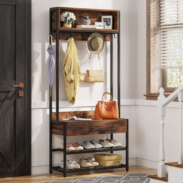 3-in-1 Rustic Brown Industrial Hall Tree with Shoe Bench and Hutch - On ...