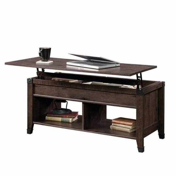 Dark Brown Lift-Top Coffee Table with Hidden Storage and Wrought Iron ...