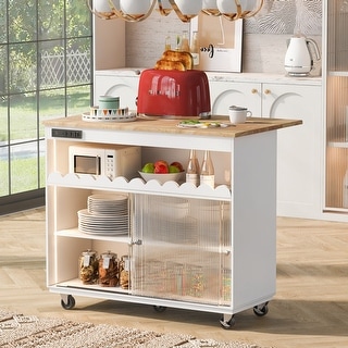 44 in. Rubber Wood Drop-Leaf Countertop Kitchen Island on 5 Wheels with ...