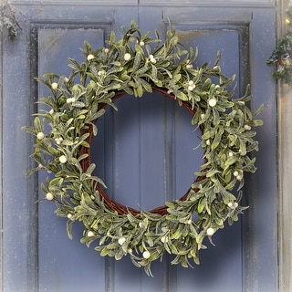22" Frosted Waterproof Mistletoe Berry Wreath - Natural Frost - Bed ...