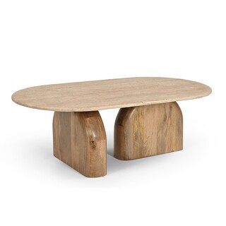 Modrest Kellison Modern Travertine Marble & Wood Oval Coffee Table ...