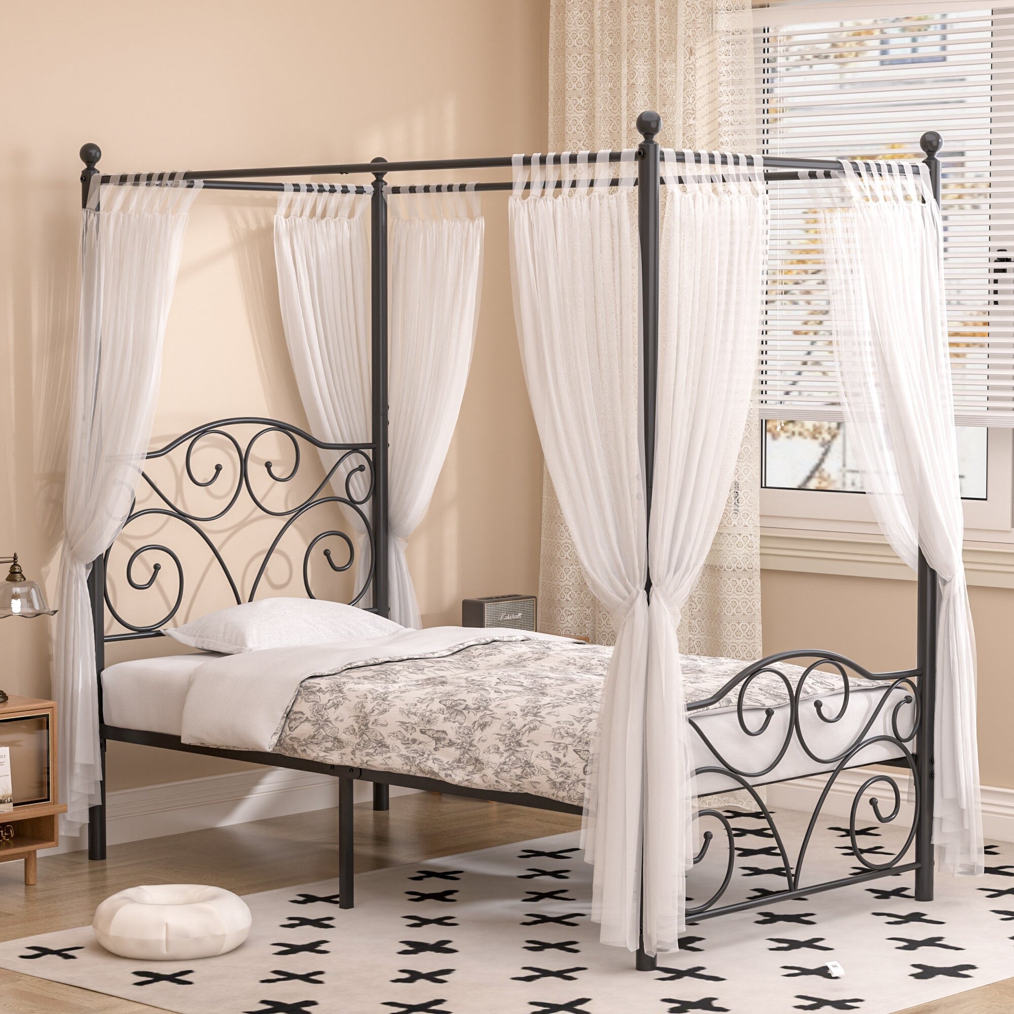 VECELO Metal Canopy Bed Frame Twin Size with Headboard 4 Posters Platform Mattress Foundation Heavy Duty Steel Slats Support Bed Bath Beyond 42374614