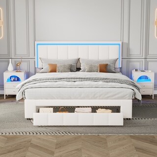 3-Pieces Bedroom Sets with Queen Size Upholstered Bed, LED Lights and ...