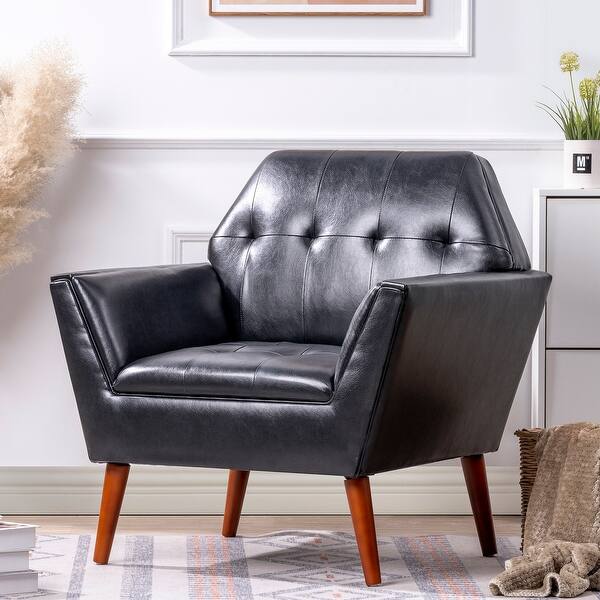 Trapezoid Leather Accent Chair Padded Seat Arm Chairs with birch Wood ...