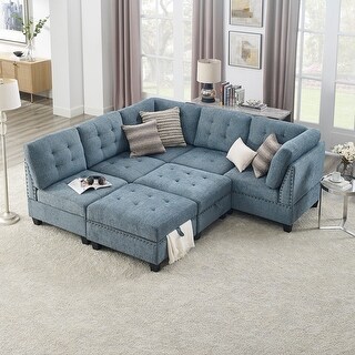 L-shape Sectional Sofa, Deep Seat Blue Fabric Couch w/ Storage Ottoman ...