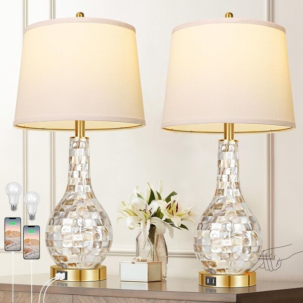 Set Of 2 Gold Shell Pearl Tile Table Lamp With USB Port For Office 3 Way Touch Control Lamp Included 2700K LED Bulb On Sale Bed Bath Beyond 42459861