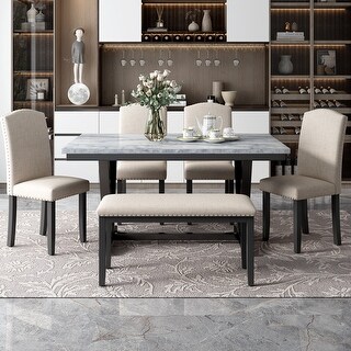 6-Piece Faux Marble Top&V-Shaped Legs Dining Table Set with 4 Chairs&1 ...