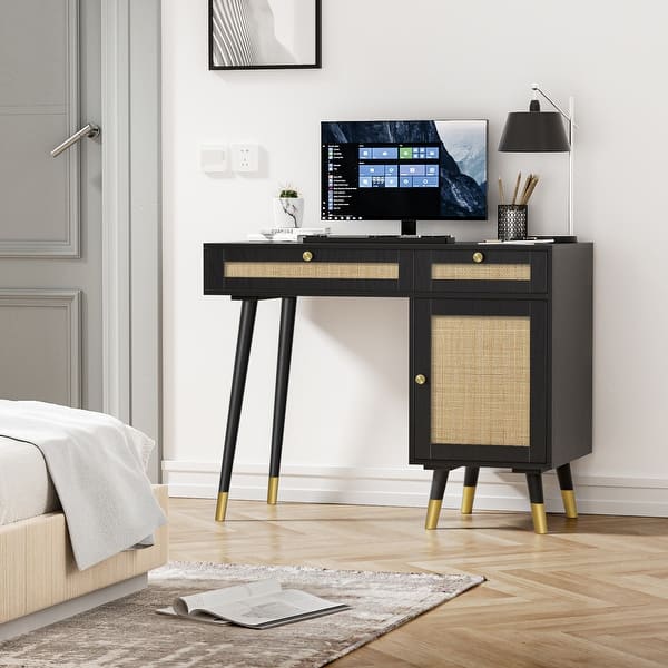 Modern Computer Desk with Drawers Wood Rattan Home Office Desk Writing ...
