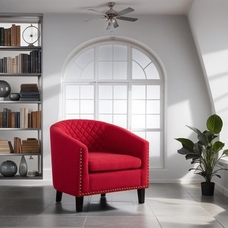 Accent Chair Round Arm Linen Chair With Nailheads and Solid Wood Legs ...