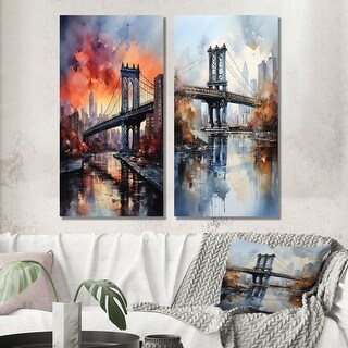 Designart "Coral Bridge Urban Silhouettes" Bridges Wall Art Set Of 2 ...