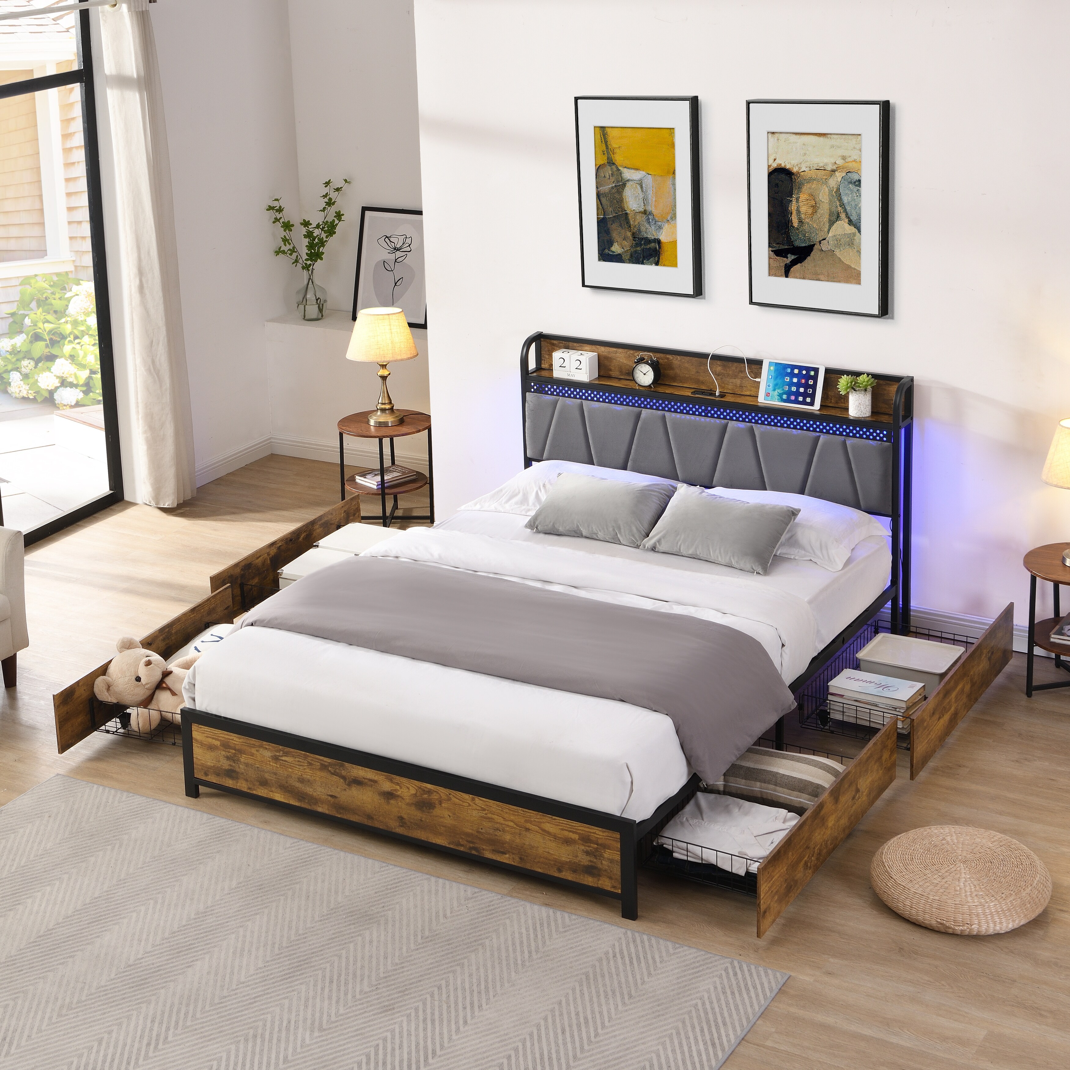 Full Queen Size Bed Frame with Storage Headboard Charging Station RGB LED Lights and 4 Rolling Storage Drawers