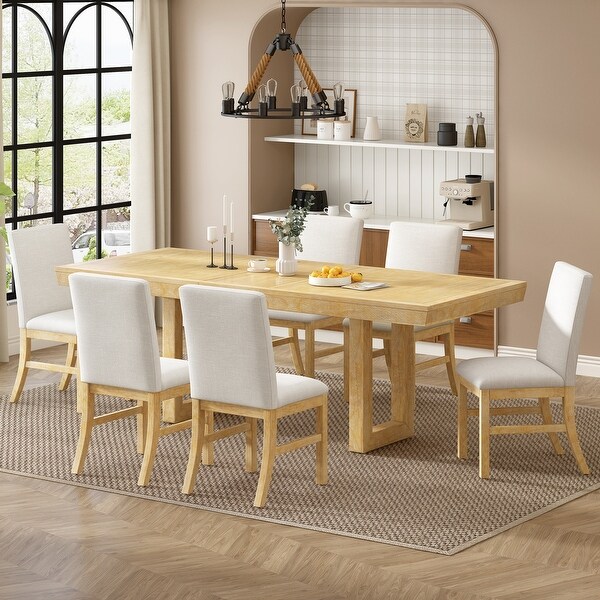 SUNMORYINC Set of 7 Extendable Dining Table Set with Butterfly Leaf and 6 Upholstered Dining Table Set Natural