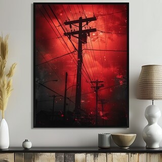 Designart "Red Black Urban Pulse Power Lines" Power Lines Framed Wall ...