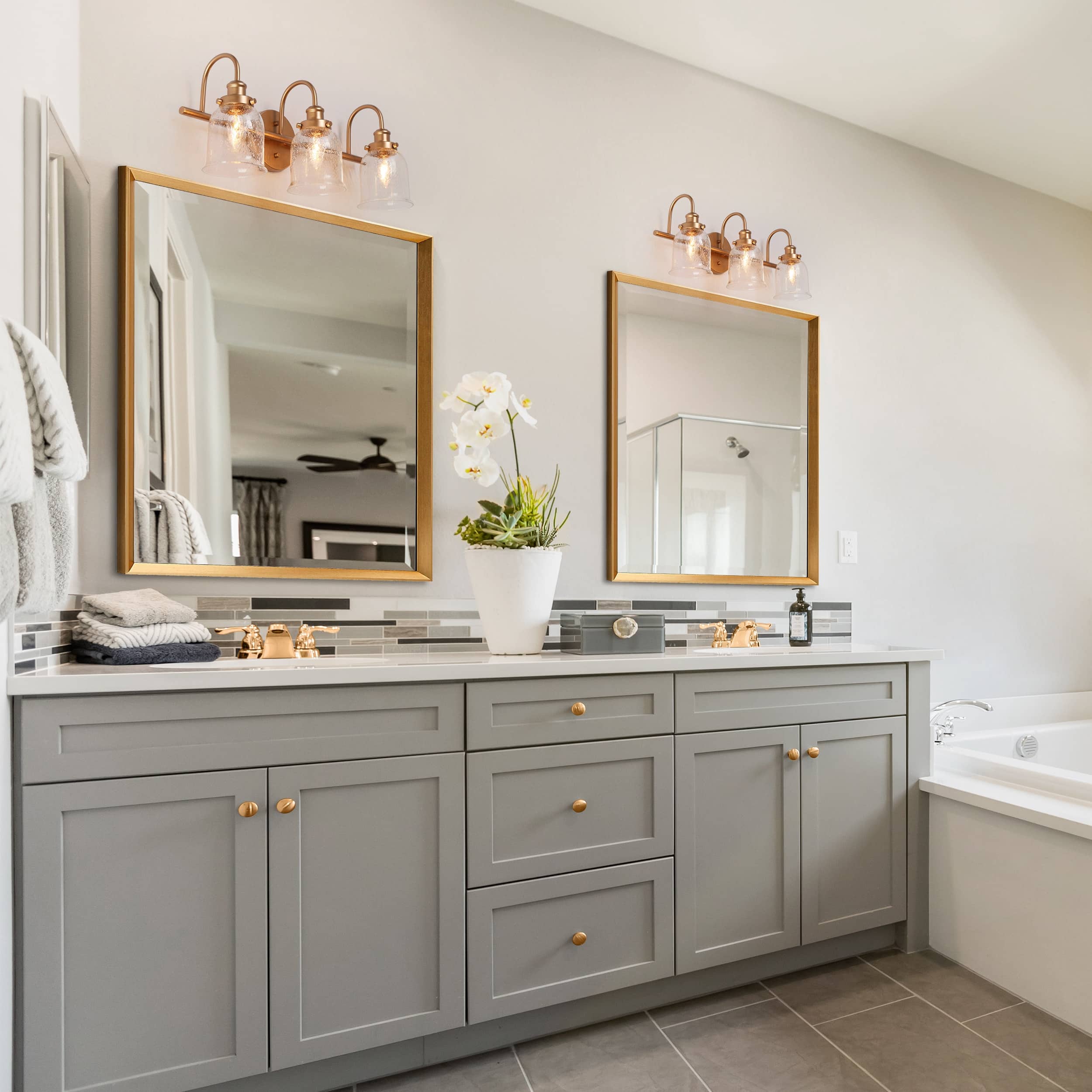 Modern Seeded Glass Bathroom Vanity Light Gold 3-Light Farmhouse Wall ...