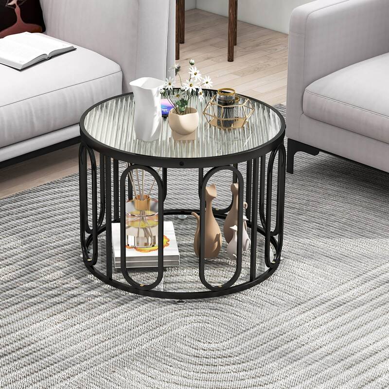 Gymax 2-Tier 24'' Round Coffee Table w/ Oval Swivel Brackets & Reeded ...