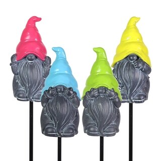Exhart 4 Piece Grey Gnomes with Colorful Hats Plant Stake Assortment in Blue, Green, Pink and ...