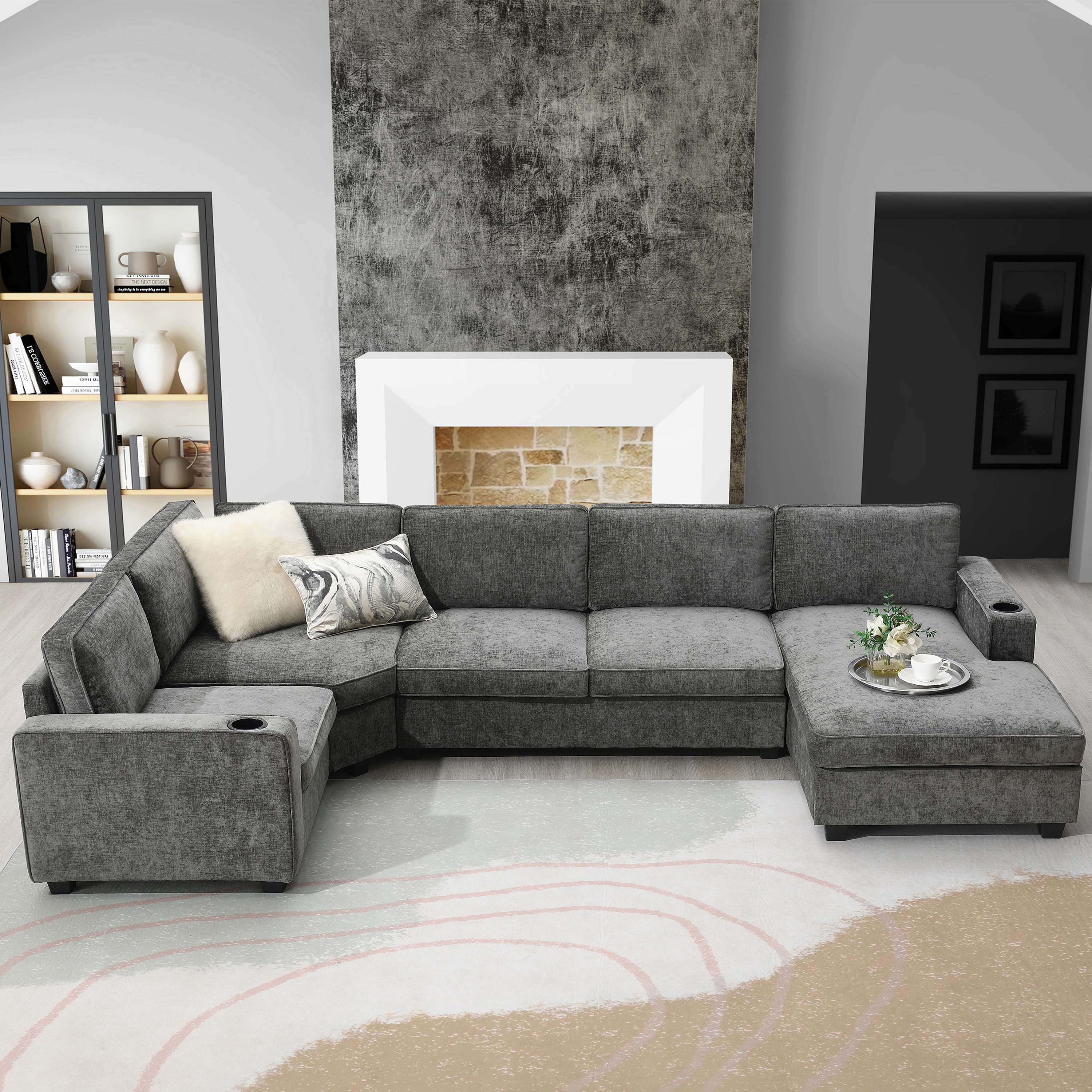 Oversized Dark Gray Modular Corner Sofa U Shaped Sectional Sofa with Cup Holders 119 67 6 Seat Chenille Deep Seat Couch Set