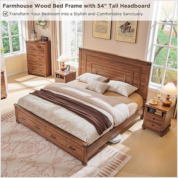 Farmhouse King Size Bed Frame w 54 Tall Headboard 2 Large Drawers On Sale Bed Bath Beyond 40831210