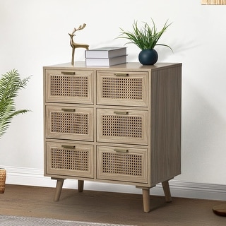 Dresser for Bedroom with 6 Drawers, Wood Chest of Rattan Decorated ...