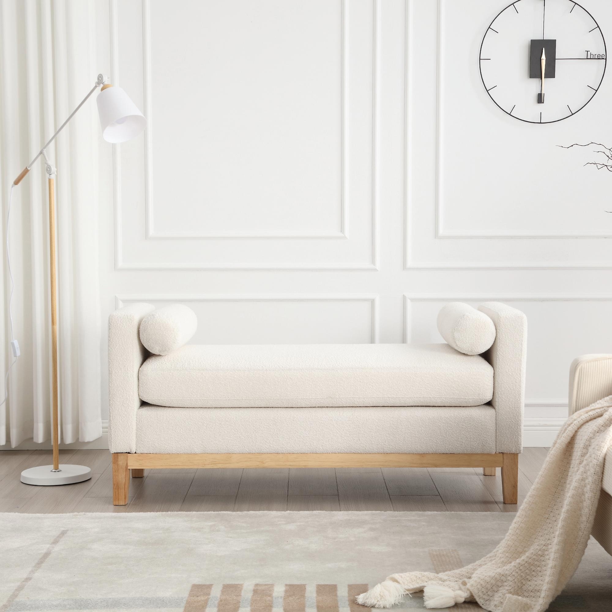 Elegant 53.5" Upholstered Ottoman Bench with Wood Legs & Bolster ...