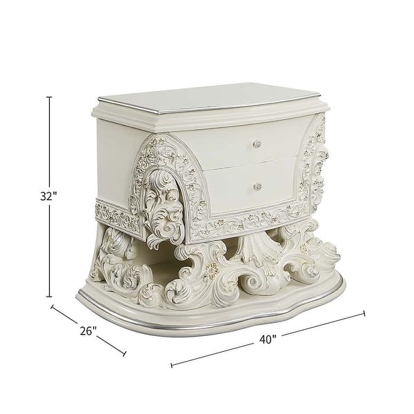 2 Drawers Wood Nightstand with Carved Curves in Antique White Finish ...