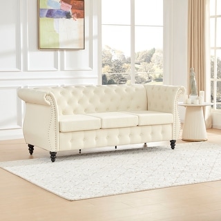 Upholstered Chesterfield Couches with Gourd Wooden Legs, Linen Sofas for Living Room, Bedroom ...