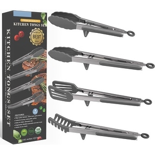 4 in 1 Stainless Steel Kitchen Tongs Set with Silicone Tips, Gray - Bed ...