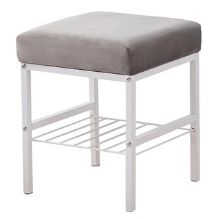 Grey Velvet Square Ottoman Footstool with White Metal Legs for Entryway ...
