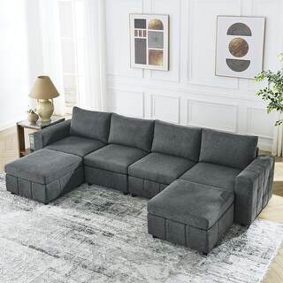 U-shape Modular Couch Set 4 Seater Fabric Upholstered Sectional Sofa ...