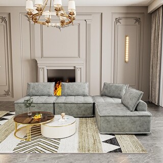 Light Gray Oversized 4-piece Chenille Modular Square Sofa Set with High ...