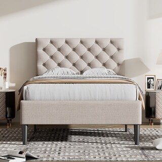 Linen Fabric Upholstered Platform Bed with Wood Slats - Comfortable and ...
