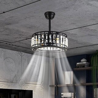 Oukaning 18" 4-Light Crystal Industrial Matte Black Metal Ceiling Fan ...