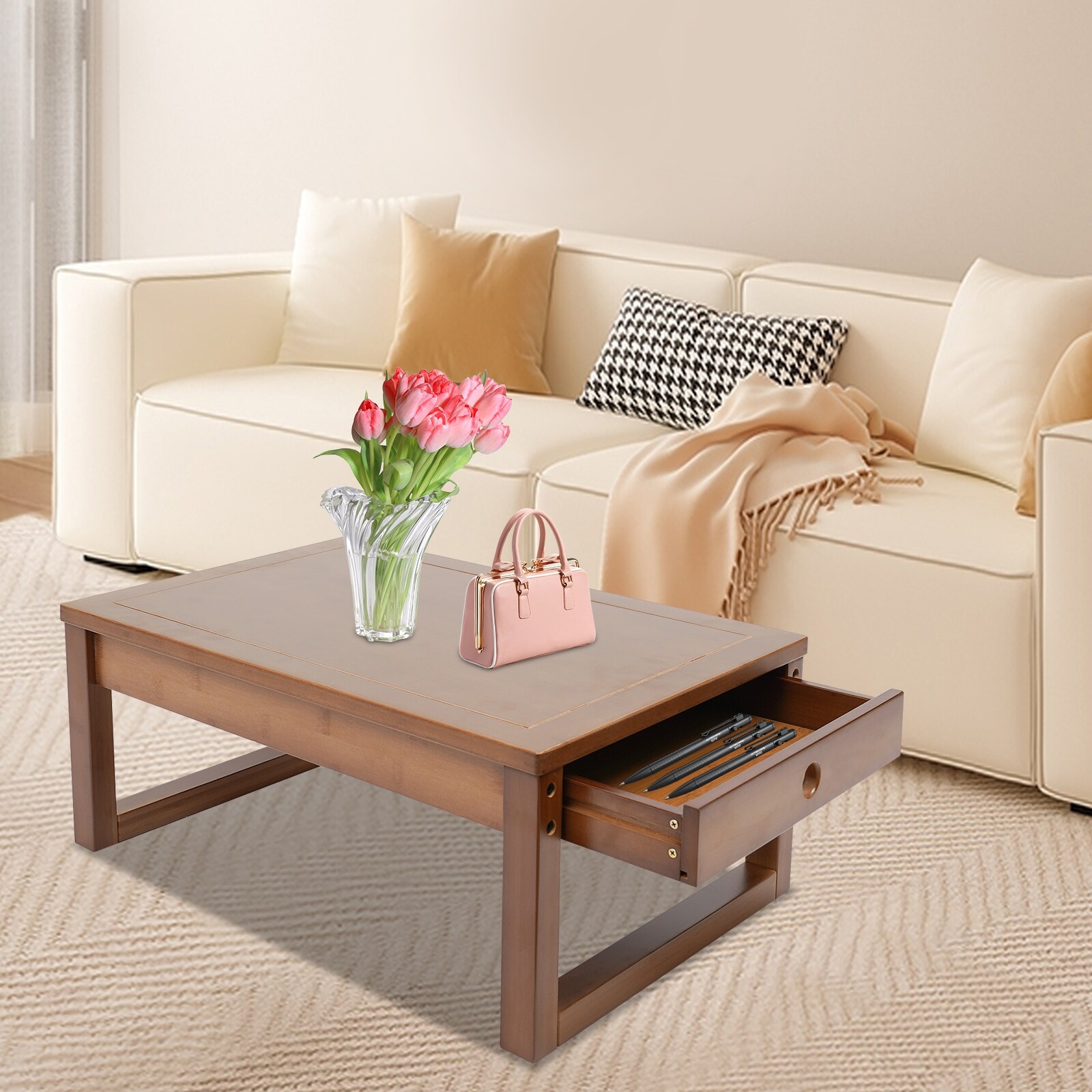Modern Walnut Rectangular End Table Floor Sitting Low Table 23.6 15.7 9.8in