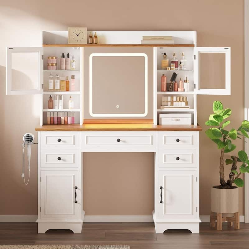 5 Drawers Vanity Desk, Makeup Vanity Table with LED Lighted Mirror ...
