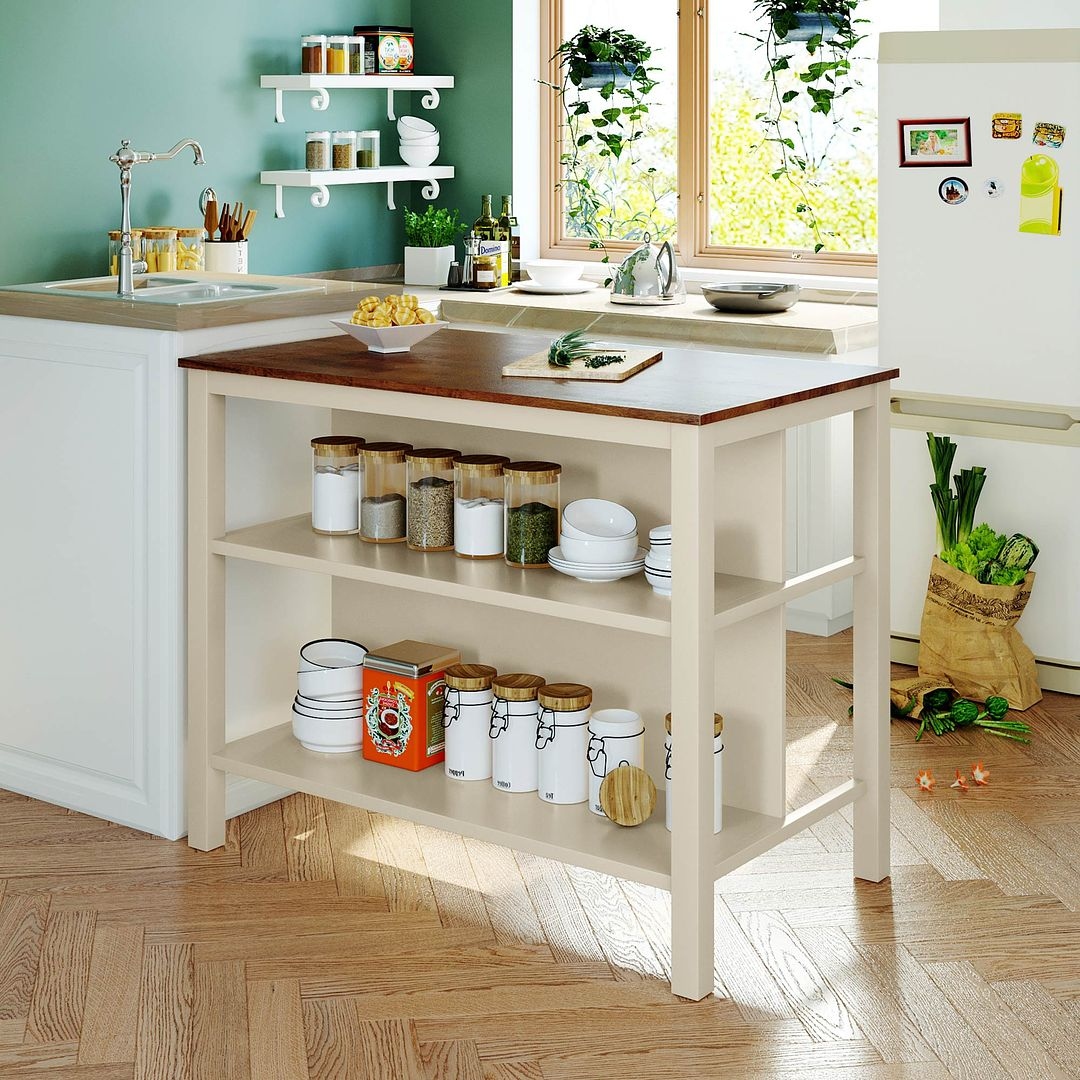 Farmhouse Solid Wood 45 Fixed Kitchen Island with 2 Open Shelves Walnut Cream White