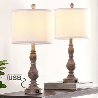 23 in. Farmhouse Wood Color Table Lamps with USB Port and White Linen ...