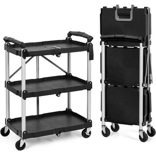 3 Tier Folding Rolling Utility Cart Service Cart with Double Ergonomic ...
