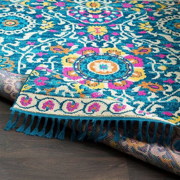 2' x 2.9' Floral Motif Navy Blue and Magenta Pink Rectangular Area ...