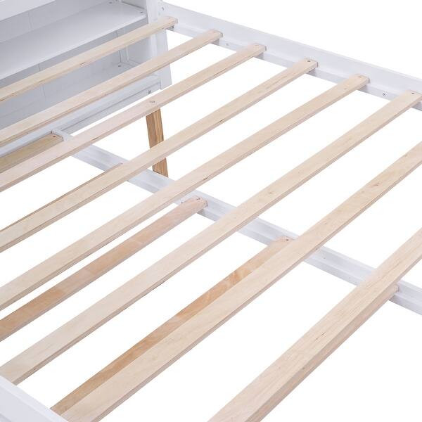 Solid Wood Queen Platform Bed with Pullable Shelves and Trundle, White ...