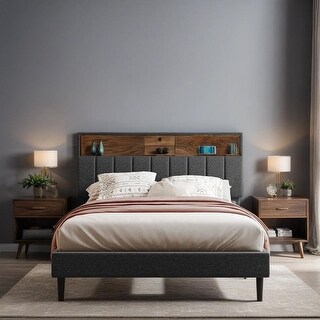 Full size Upholstered Platform Bed with Storage Headboard, Linen Fabric ...