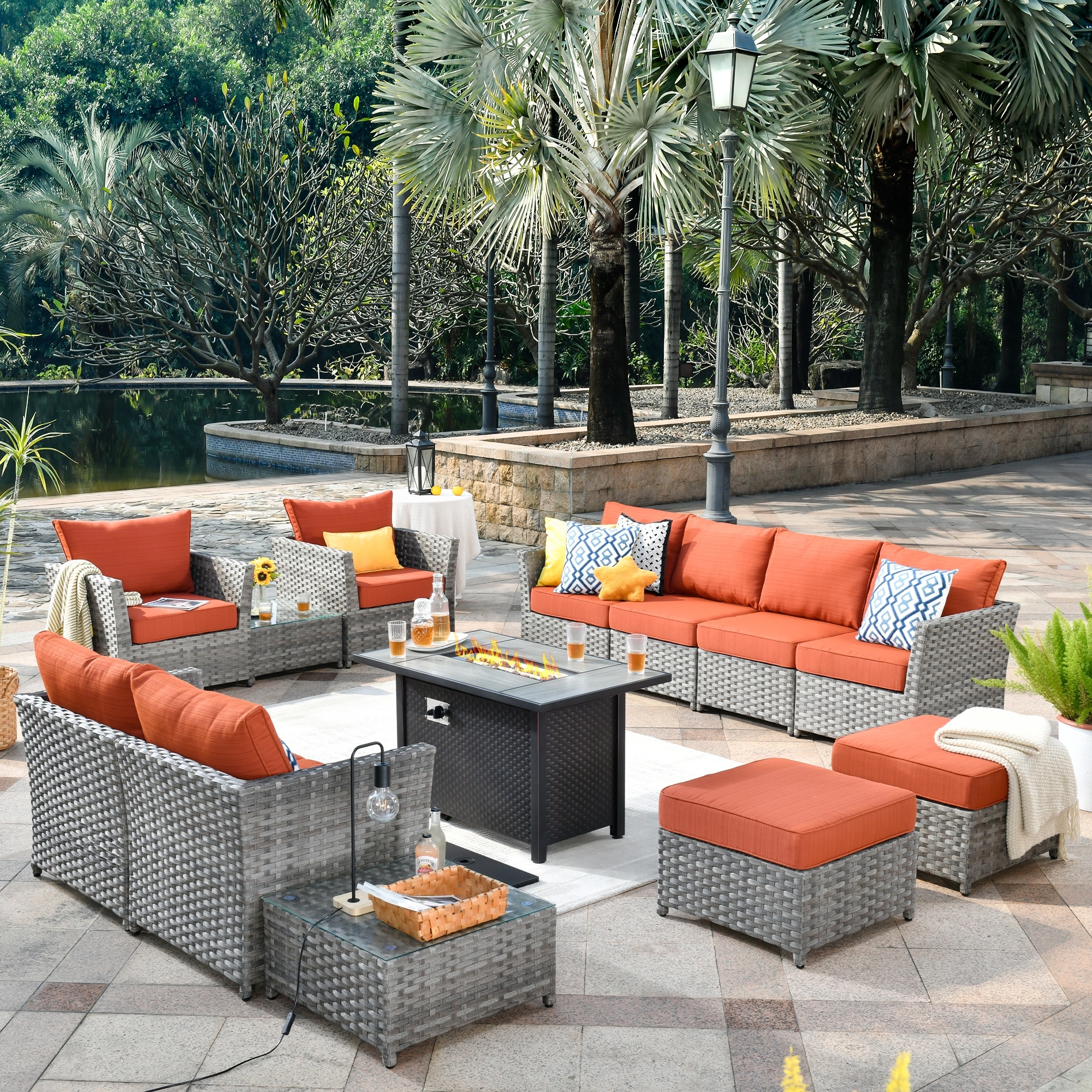 XIZZI 13-Piece Patio Rattan Wicker Furniture Sectional Set with Fire ...