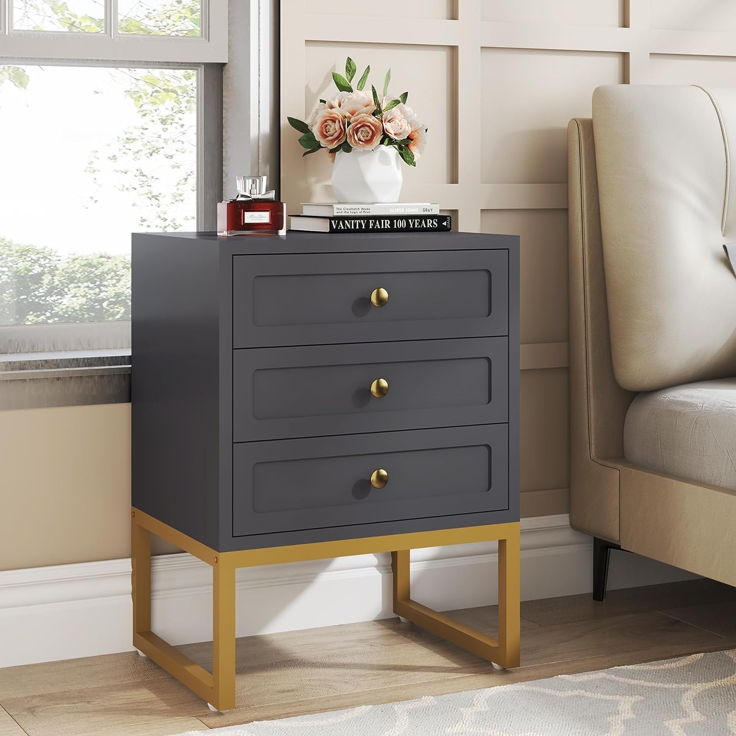 Modern Nightstand with 3 Drawers Grey Wood Bedside Table for Bedroom