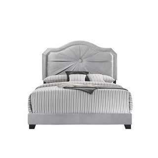Gray Velvet Queen Bed w/ Padded Arched Headboard, Luxurious Low ...