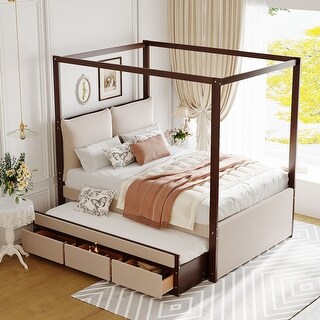 Velvet Full Size Upholstered Storage Canopy Bed with Trundle and 3 ...